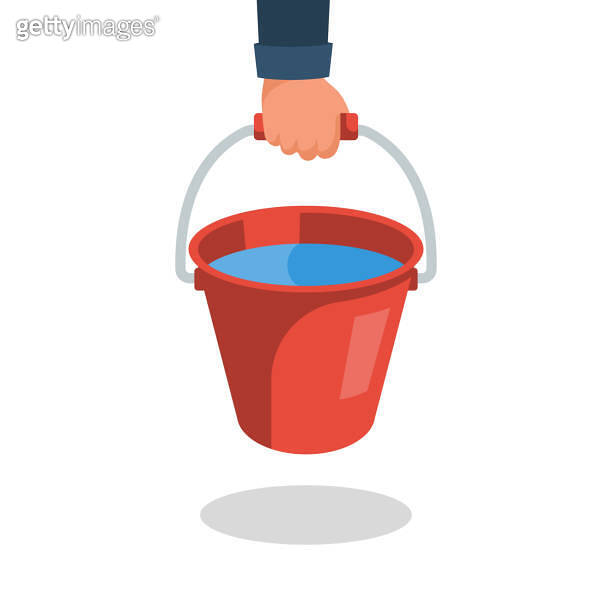 The man holds a bucket of water in hand. Plastic red bucket. 이미지 ...