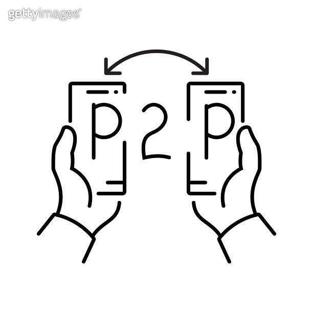 P2P icon. Phone in hand, a platform for transferring money online. 이미지 ...