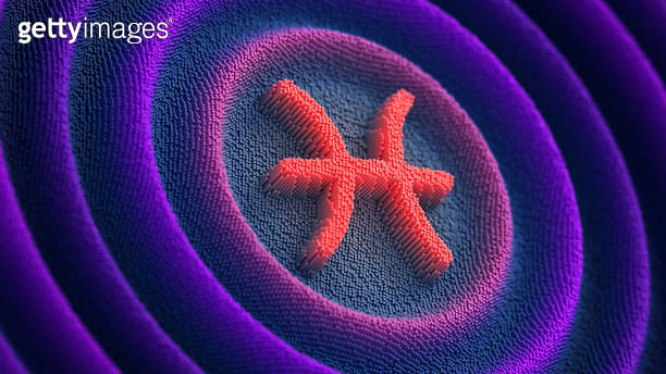 Zodiac sign Pisces on the futuristic neon wavy pixelated background. 3d ...