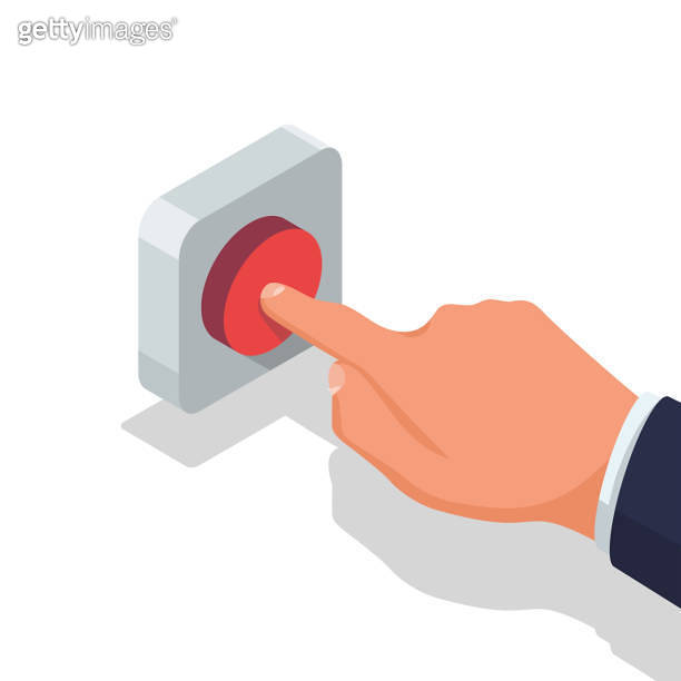 Hand pressing red button. Push finger. Vector illustration flat design ...