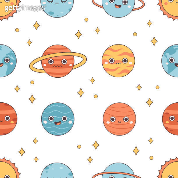 Seamless pattern with Solar System and space. Trendy groovy cartoon ...