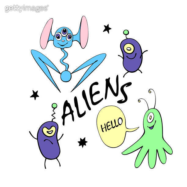 Set of cute funny aliens. Design element, icon on the theme of UFO ...