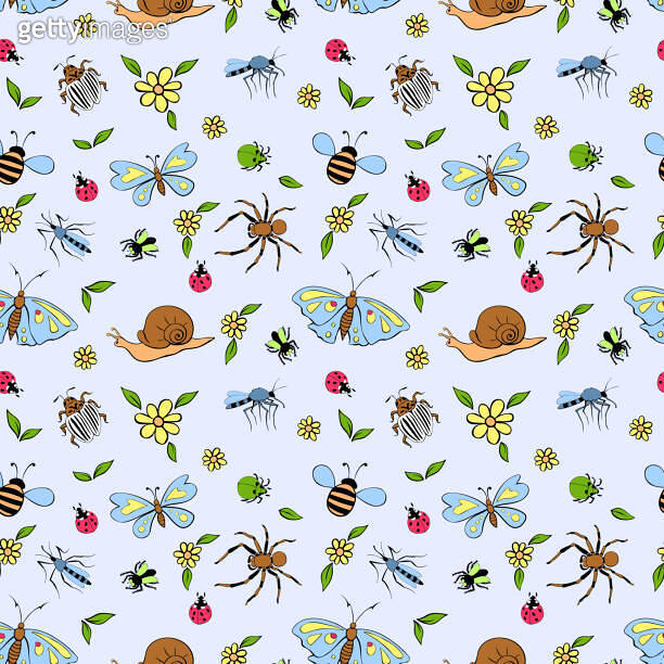 Seamless childish pattern with cute flowers, butterfly, snails, bugs. Insects on glade. Vector ...
