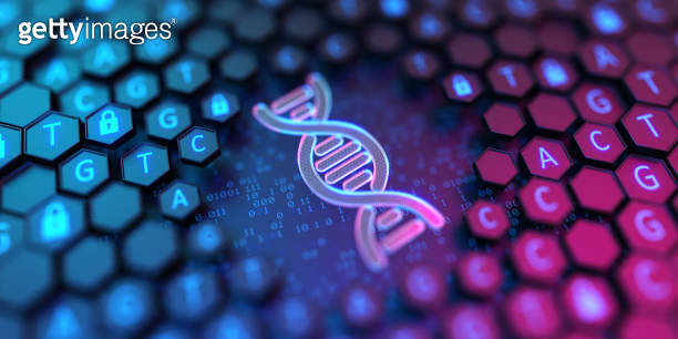 Hexagon shell with sequencing ATGC and glowing DNA sign. Double helix ...
