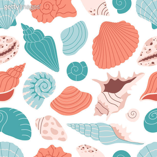 Seamless pattern with sea shells, mollusks, sea snails. Tropical beach ...