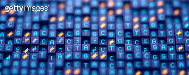 DNA strands and sequencing ATGC data background. Double helix structure ...