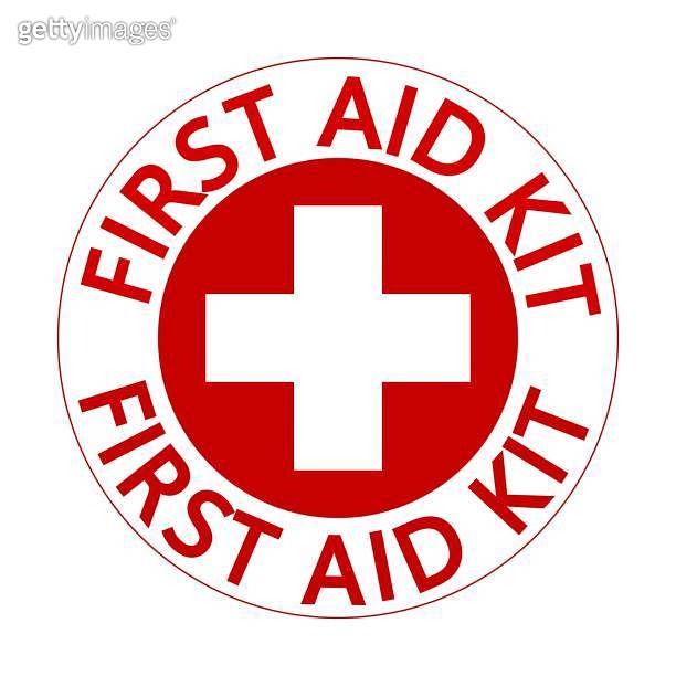 First aid kit, information sign with symbol and curved text. Circle ...