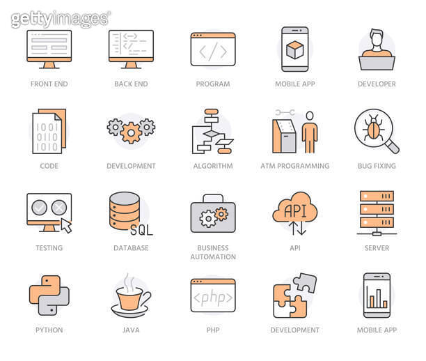 Software development flat line icons set. Programming language, application, api, computer ...