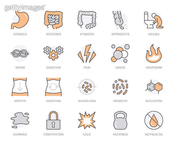 Symptoms of abdominal disease flat line icons set. Stomach pain ...