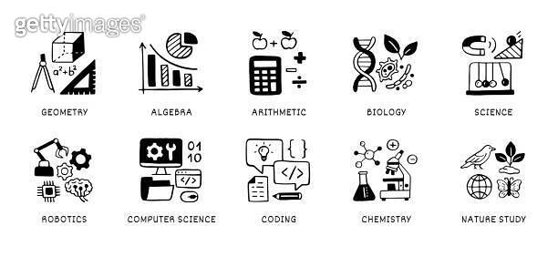 Natural sciences doodle icon set. School subjects - geometry, math ...