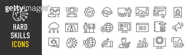 Hard skills web icons in line style. Accounting, coaching, data mining ...