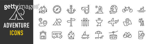 Adventure web icons in line style. Journey, travel, adventure, camping ...
