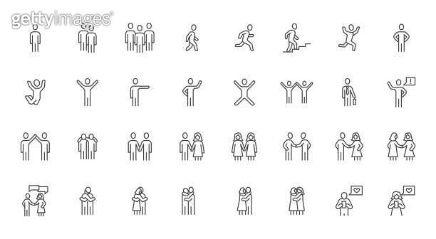 People in action line icon set. Man running, woman friends ...