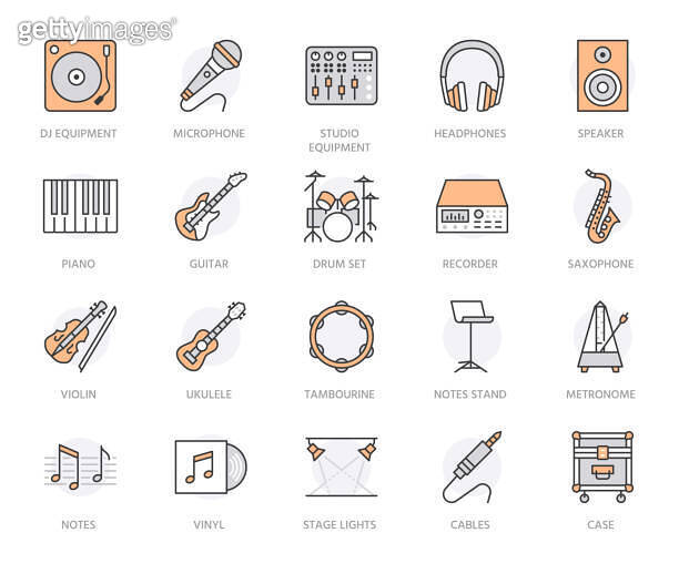 Musical instruments flat line icons set. Dj equipment, sound recording ...