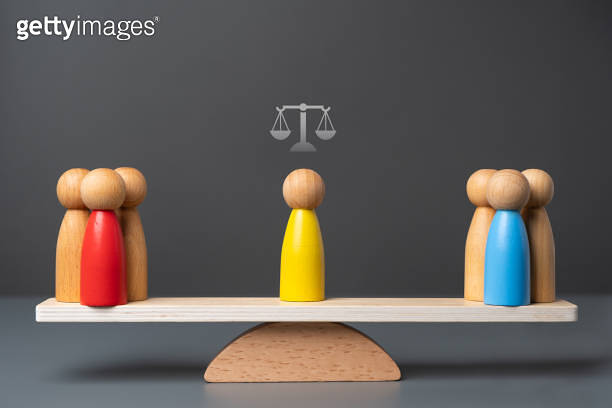 A mediator and two opposing groups on the scales. Negotiating parties ...