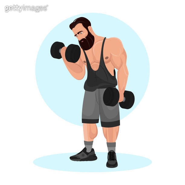 Illustration of a young guy training in a gym. Gym. Body-building ...