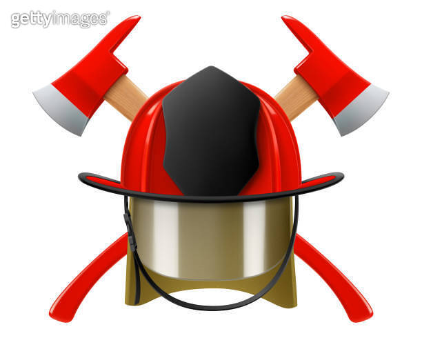 Firefighter helmet or red firefighter hat and two crossed axes isolated ...