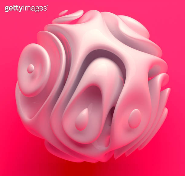 3d render abstract art with surreal alien sphere ball in curve wavy ...