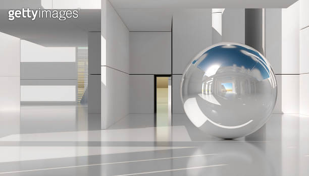 3d render of abstract art with surreal metal silver ball sphere with ...