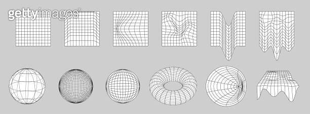 Set of wireframes vector 3d geometric shapes, set of different linear form by brutalism, graphic ...