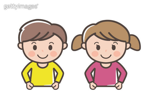 Upper body illustration of a boy and a girl facing forward with their ...