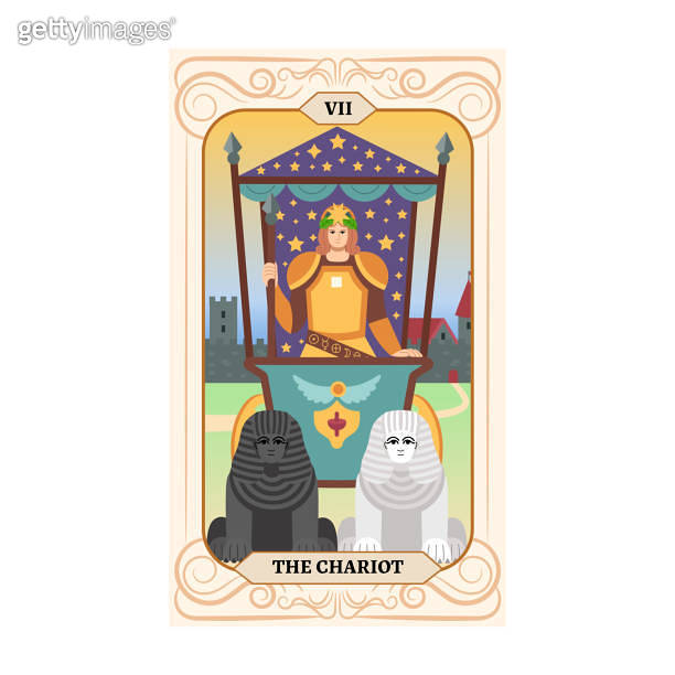 Major Arcana tarot card design. Hand drawn cartoon linear flat style. THE CHARIOT (2148472784 ...