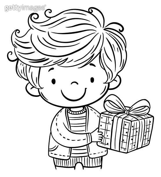 Cute cartoon boy holding present box. Isolated outline illustration of ...