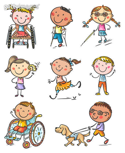 Set of cartoon cute disabled kids with special needs, disability ...