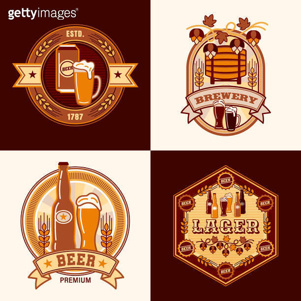 Set of beer logos in simple geometric style with barrel, beer bottles ...