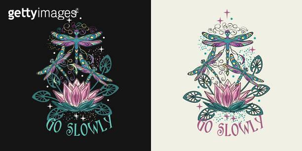 Colorful fantasy composition, label with lotus flower, flying fantasy ...