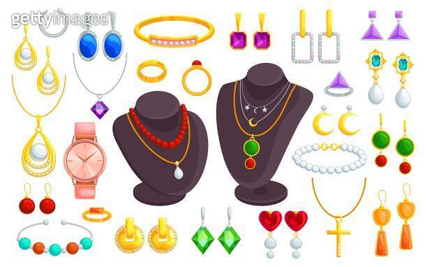 Cartoon jewelry accessories. Jewellery present elegant necklace ...