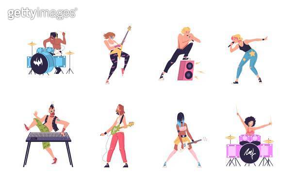 Rock band characters. Rocker group musicians playing heavy metal music ...