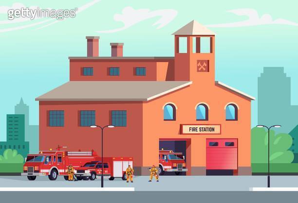 Street fire station. Cartoon city firehouse fireman building exterior ...