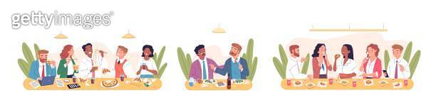 Colleagues office lunch. Friendly employees eating sandwich breakfast ...