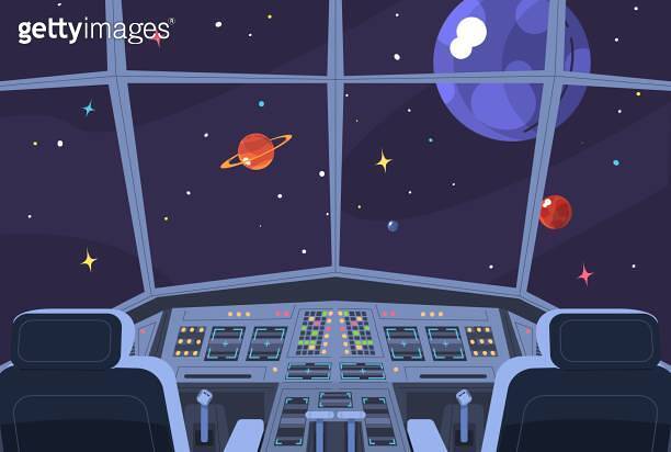 Spaceship cockpit. Interstellar spacecraft cabin inside, futuristic ...