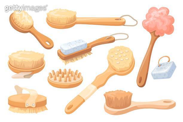 Body scrub brushes. Bodies massage wooden dry brush, shower bath nature ...