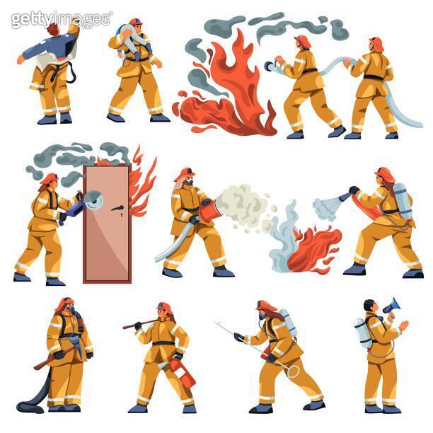 Cartoon fireman characters. Firefighters in uniform working rescue equipment extinguisher ...