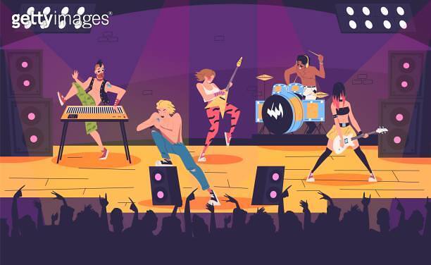Rock band characters concert. Rocker musicians group members performing ...