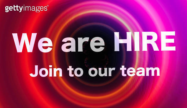 We are hire, join to our team sign with colorful tunnel background ...