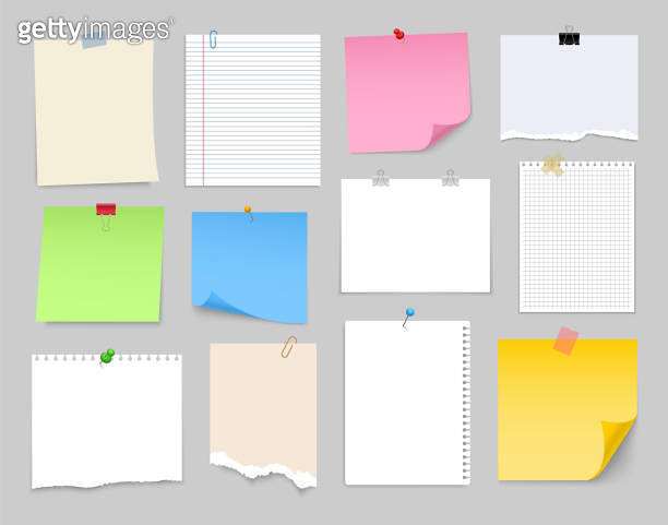 Paper notes with pin and tape. Colored stickers, torn sheets and ...