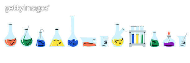 Laboratory glassware. Chemical reagents in glass bottles and rest tubes ...