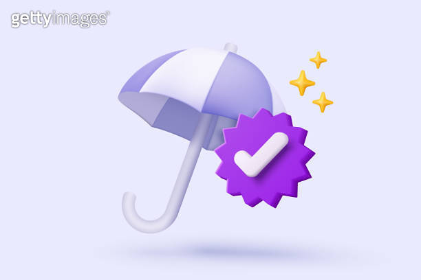 3d check mark icon on purple umbrella with curved handle. Insurance ...