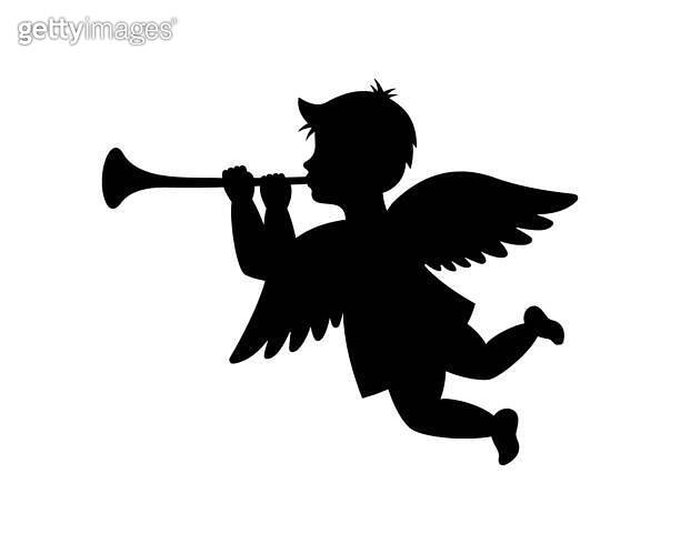 Cherub blowing trumpet. Cherub silhouette. Valentine's day. Love symbol ...