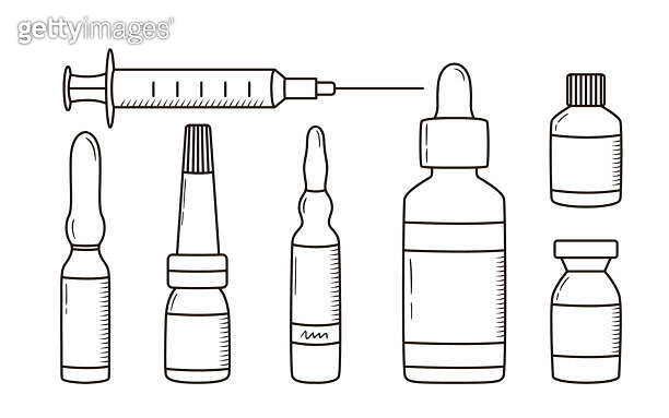 Contour drawing of syringe, glass ampoules and bottles. Medical and ...