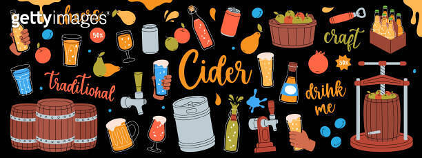 Fruit cider set. Wooden barrels, cans, glasses, mugs, metal keg, bottle ...