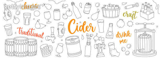 Fruit cider outline set. Wooden barrels, cans, glasses, mugs, metal keg ...