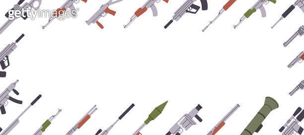 Military weapons in horizontal banner. Grenade launcher, assault rifle ...