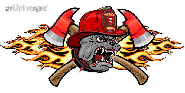 Bulldog angry head in flame of fireball. Firefighter Bulldog and cross ...