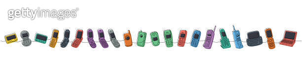 Retro phones one line colored continuous drawing. Old communication ...