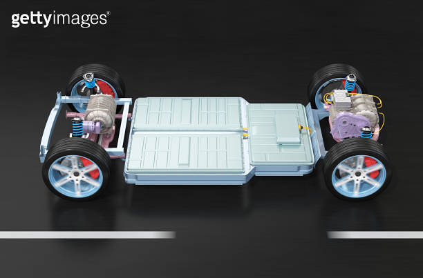 Side view of electric vehicle chassis equipped with battery pack on the ...